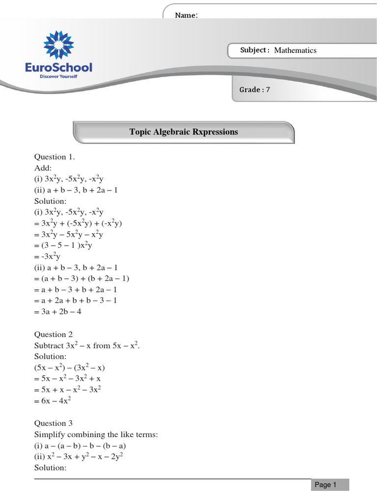 Grade 7 Algebraic Expressions Worksheet | PDF