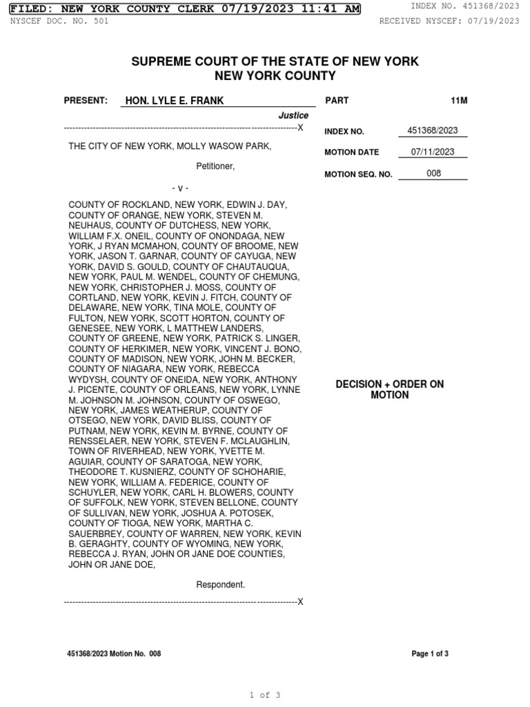 Order of Dismissal, Supreme Court, State of New York, Hon. Lyle Frank ...