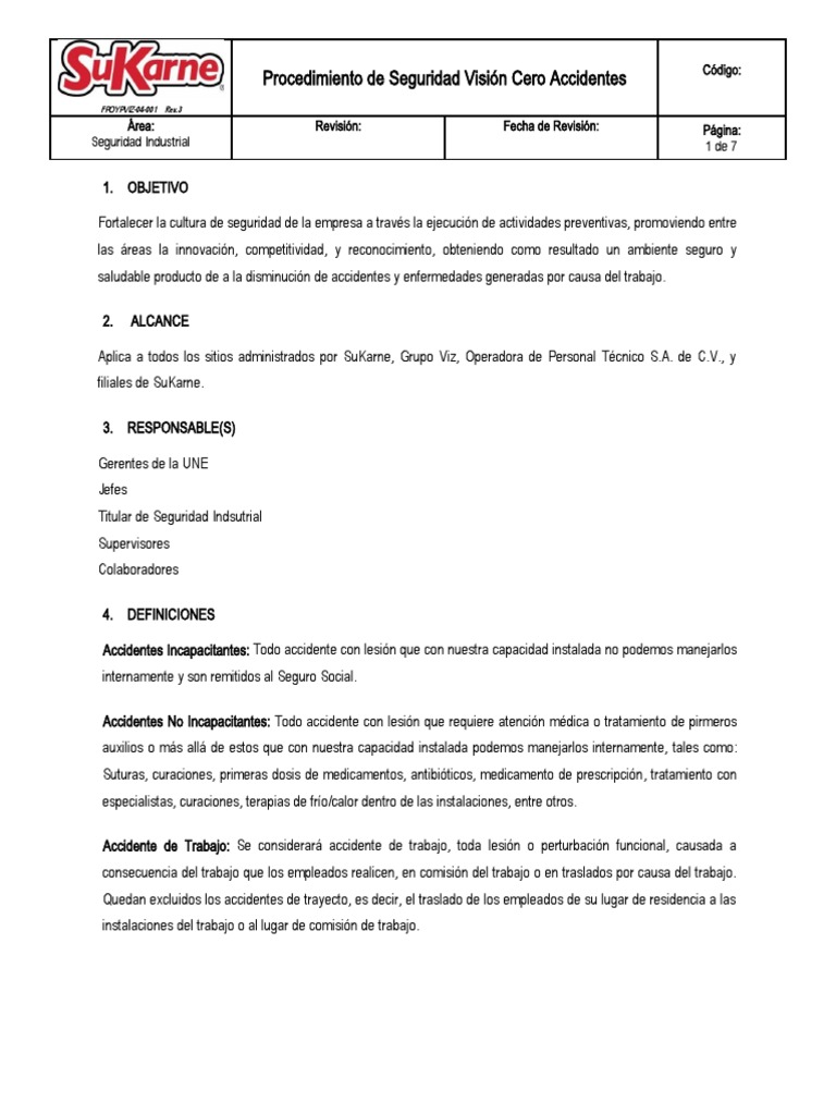 Procedimiento de Seguridad Visión Cero Accidentes | PDF
