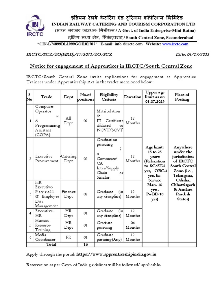 Notification SCZ For Engagement of Apprentices in IRCTC South Central ...