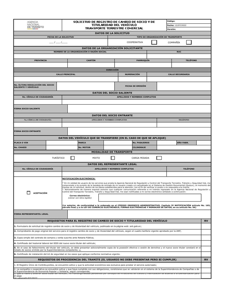 Formulario de Registro de Cambio de Socio y de Titularidad Del Vehiculo ...