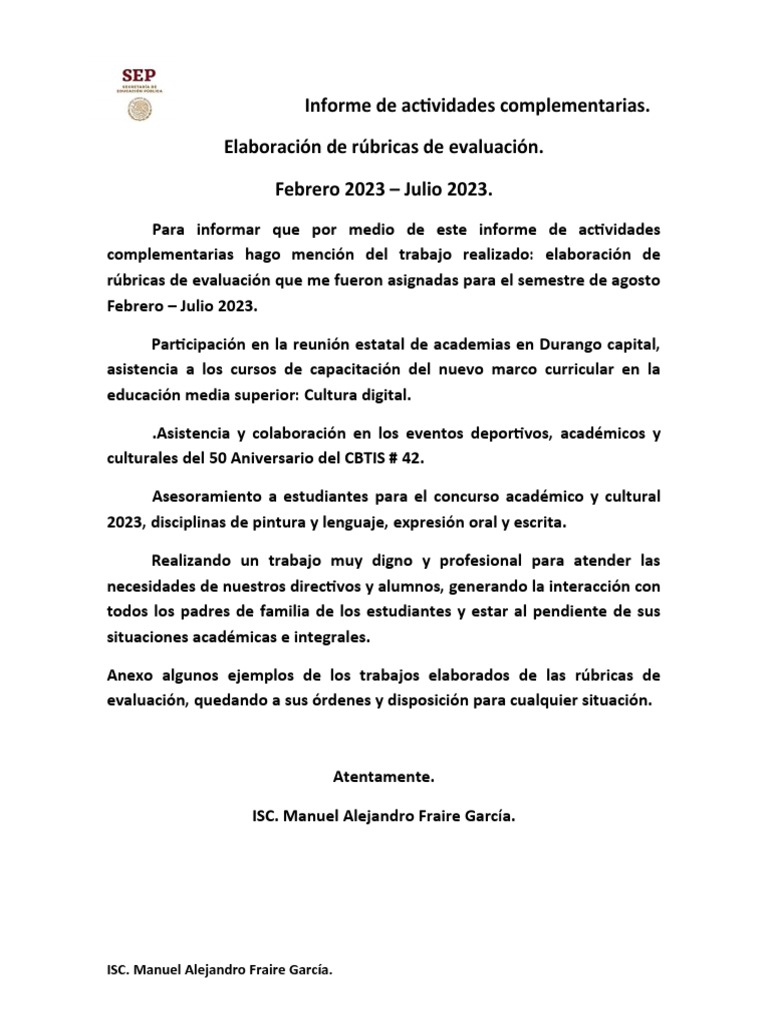 Informe de Actividades Complementarias FEBRERO - JULIO 2023 | PDF | Arte