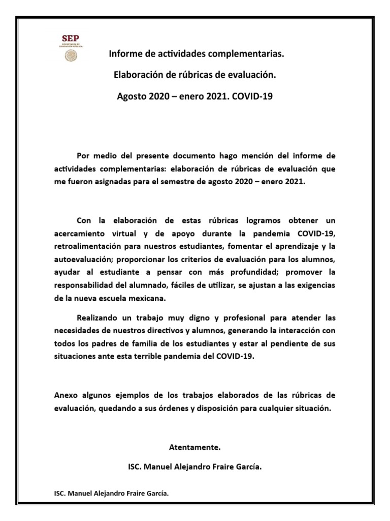 Informe de Actividades Complementarias Agosto 2020 Enero 2021 | PDF | Evaluación | Bases de datos
