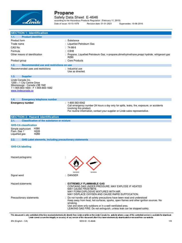 Propane Safety Data Sheet E-4646 | PDF | Propane | Toxicity