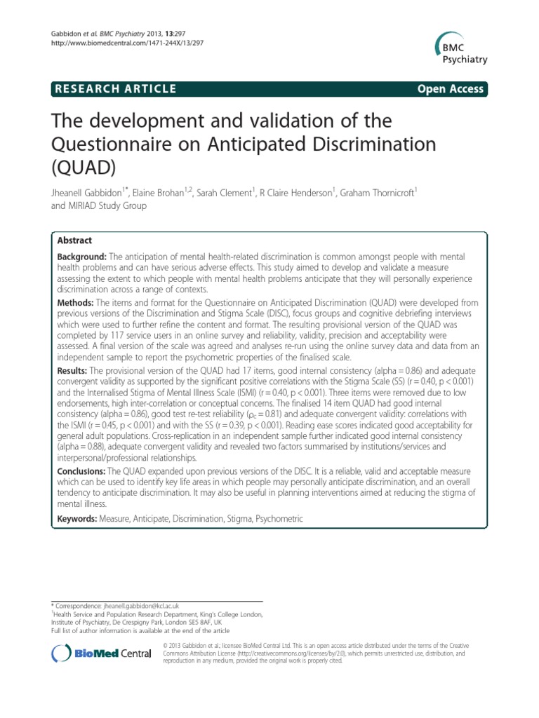 The Development and Validation of The Questionnaire On Anticipated Discrimination (QUAD) | PDF ...