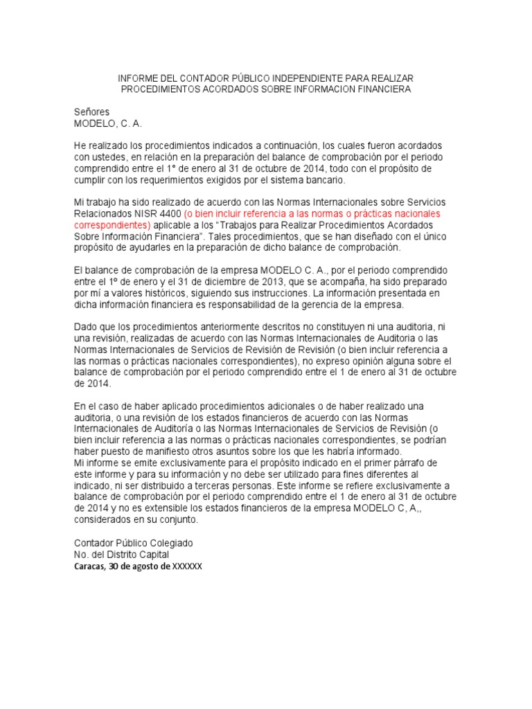 Informe Del Contador Público Balance de Comprobacion | PDF | Auditoría ...