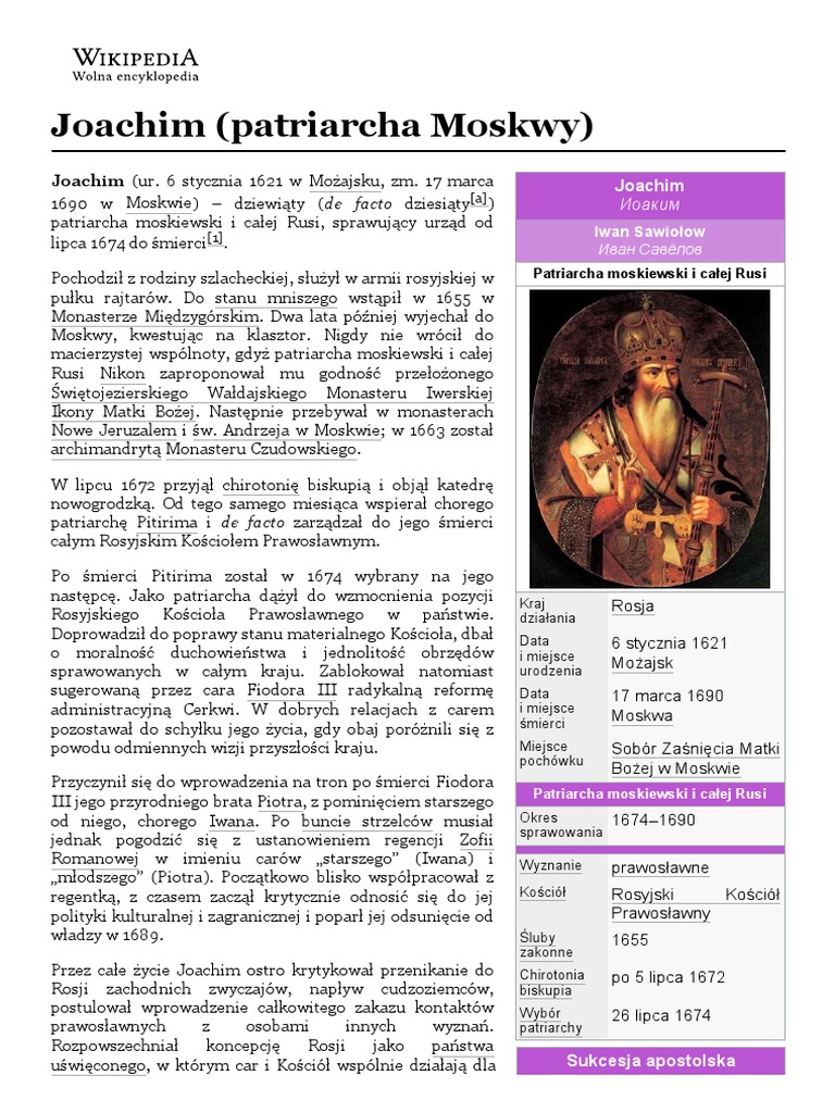 Joachim (Patriarcha Moskwy) - Wikipedia, Wolna Encyklopedia | PDF