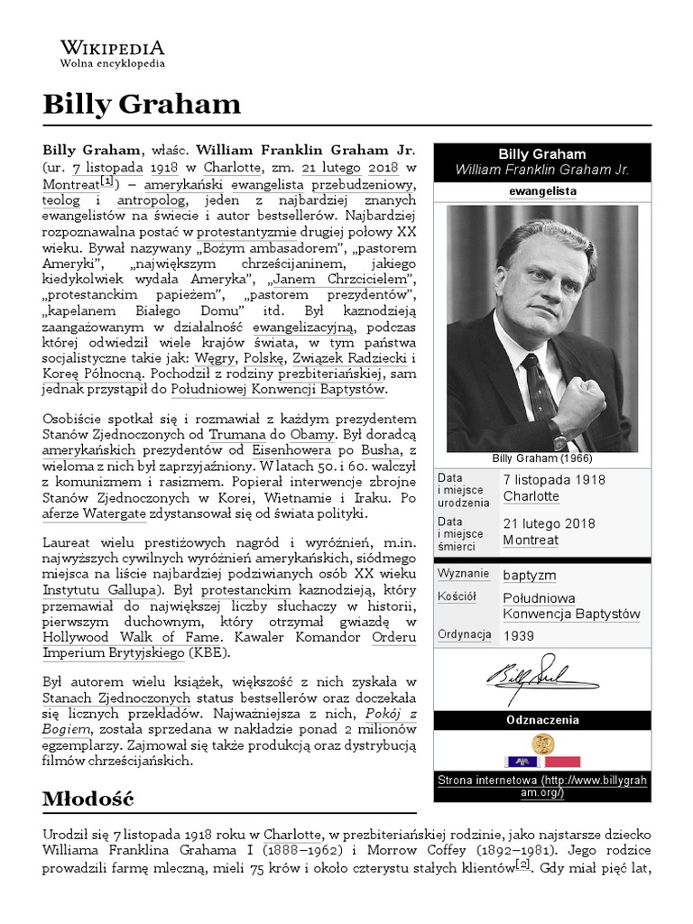 Billy Graham - Wikipedia, Wolna Encyklopedia | PDF