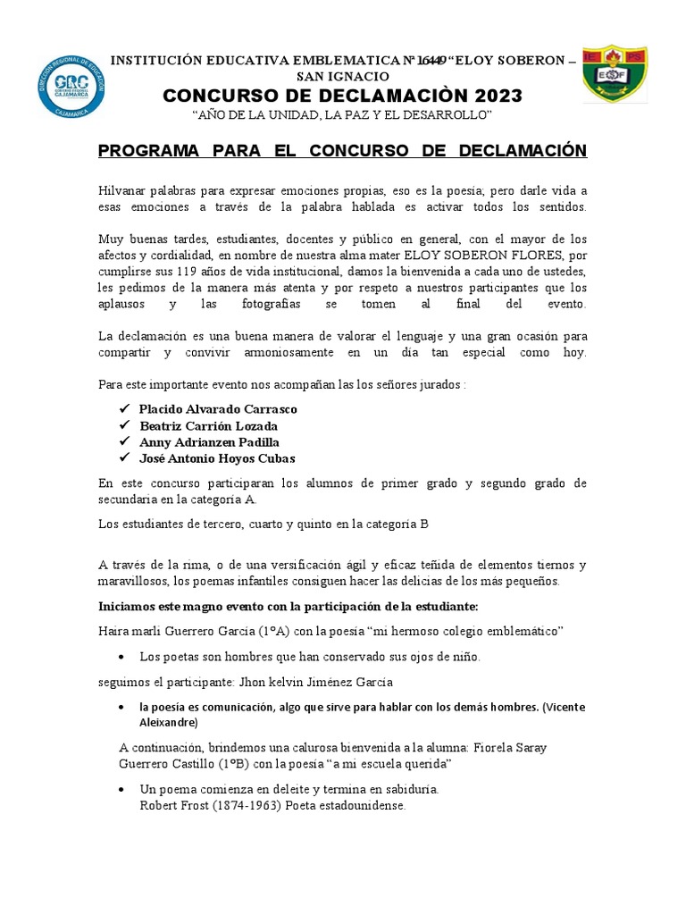 PROGRAMA PARA EL CONCURSO DE DECLAMACIÓN 2023 | PDF