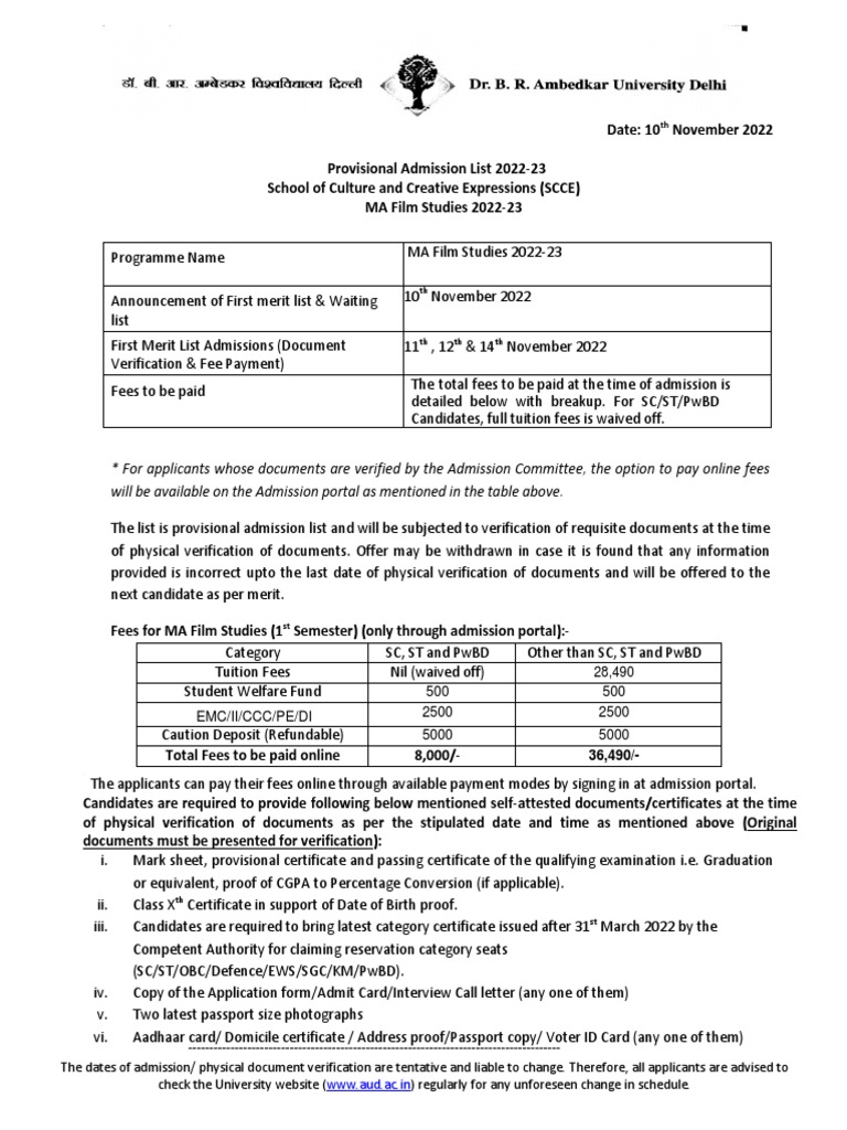 1st Provisional Admission List Ma Film Studies 2022 23 | PDF ...