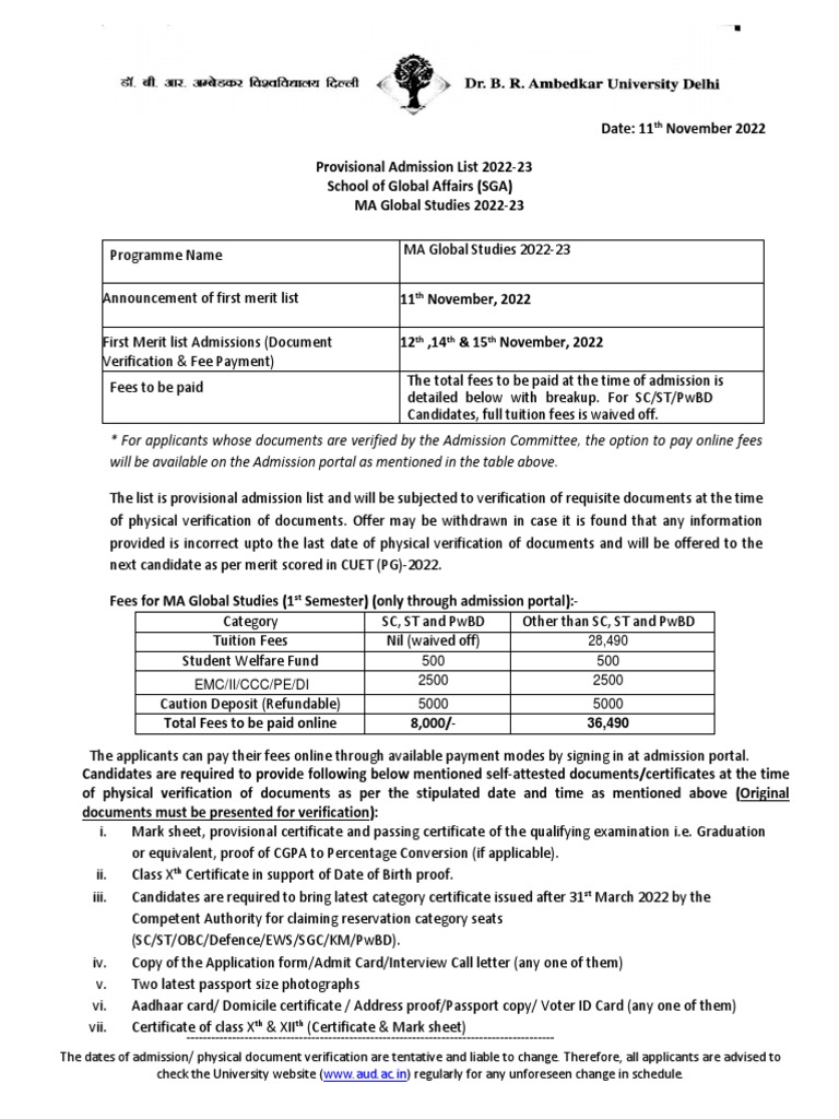 1st Provisional Admission List Ma Global Studies 2022 23 | PDF | Social Inequality ...