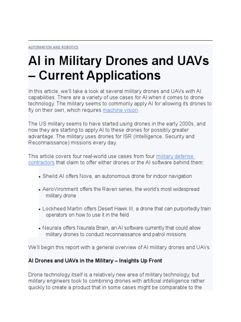 Ai in Military Drones and Uavs - Current Applications: Machine Vision | PDF | Unmanned Aerial ...