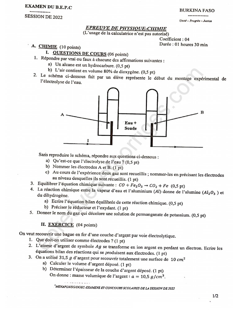 Epreuve Bepc 2022 Physique-Chimie Burkina Fasso | PDF