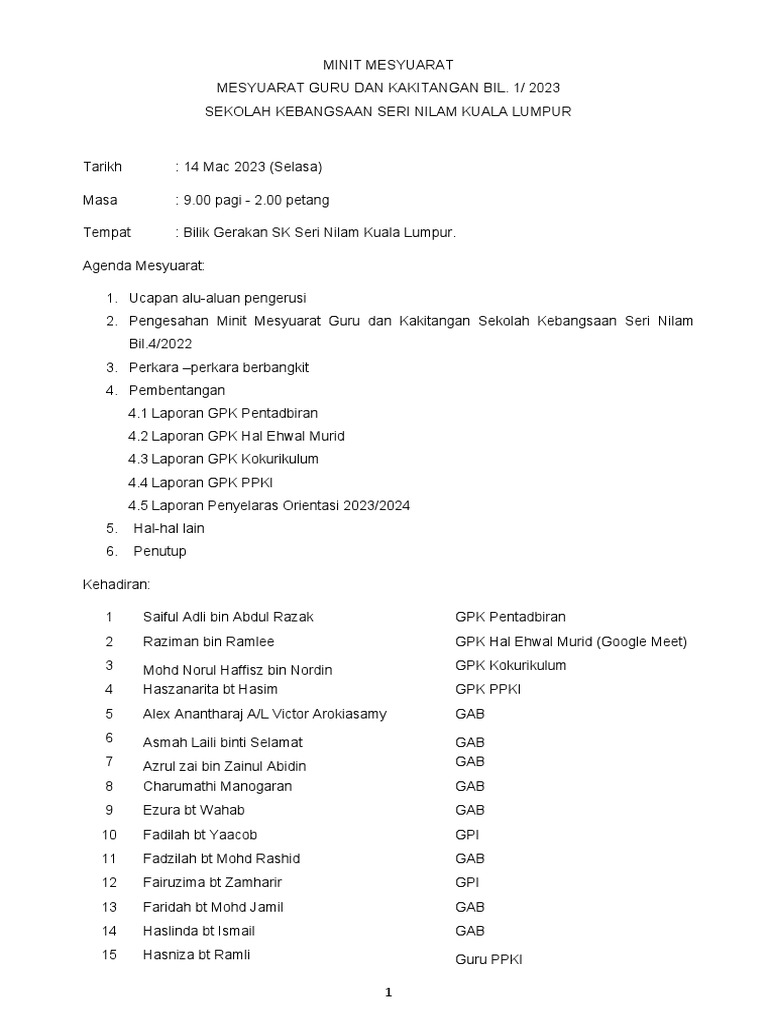 Minit Mesyuarat Guru Dan AKP Bil 1 2023 | PDF Minit Mesyuarat Guru Dan AKP Bil 1 2023 | PDF