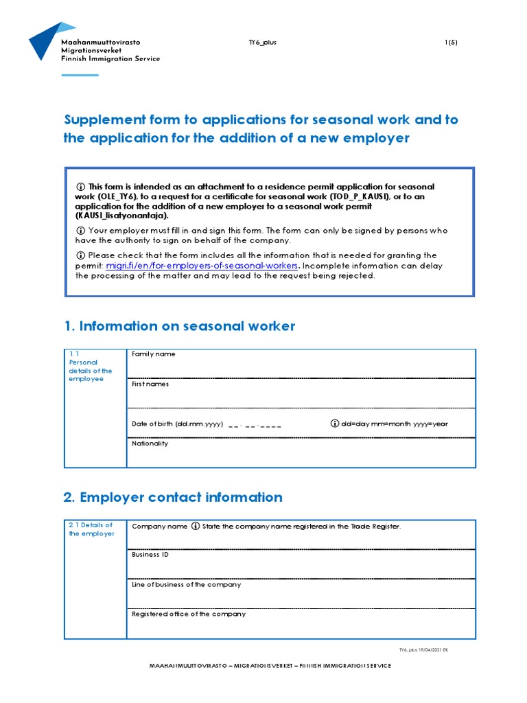 TY6 - Plus - Liitelomake Kausityötä Koskevaan Hakemukseen - en | PDF ...