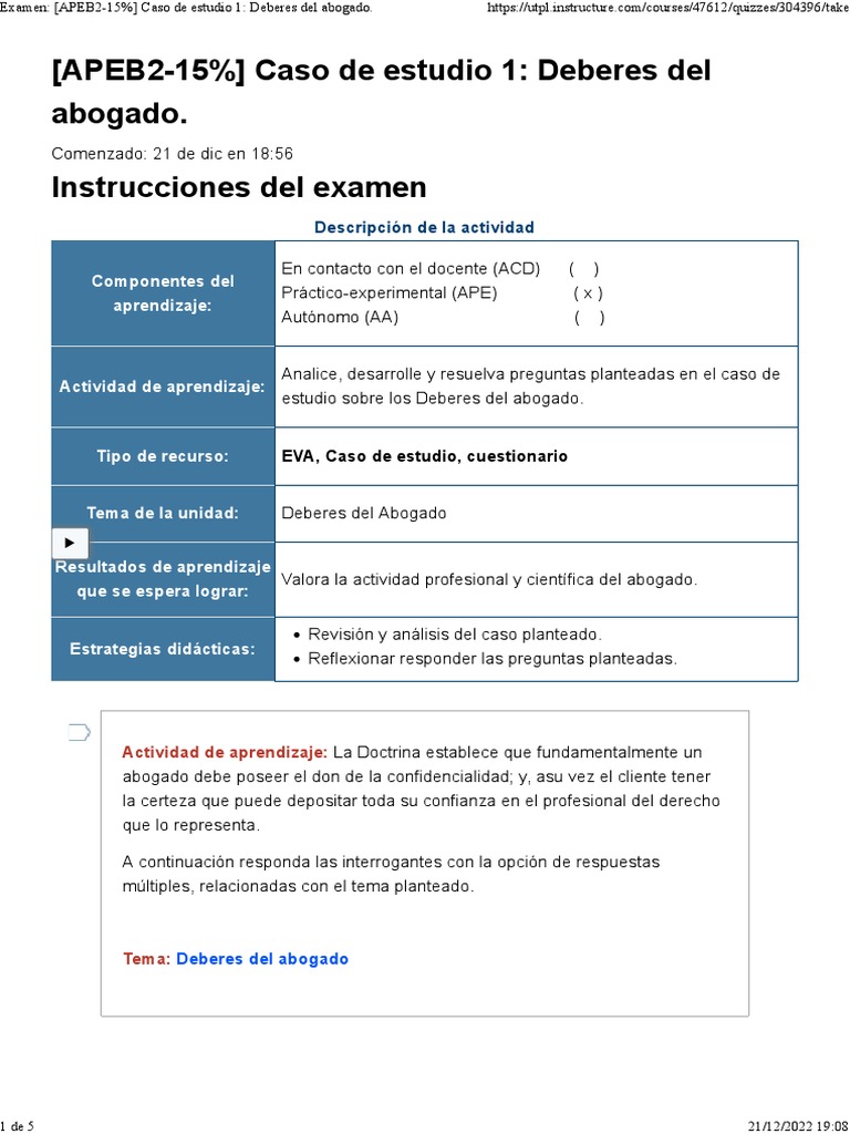 Examen (APEB2-15 - ) Caso de Estudio 1 Deberes Del Abogado - KL | PDF
