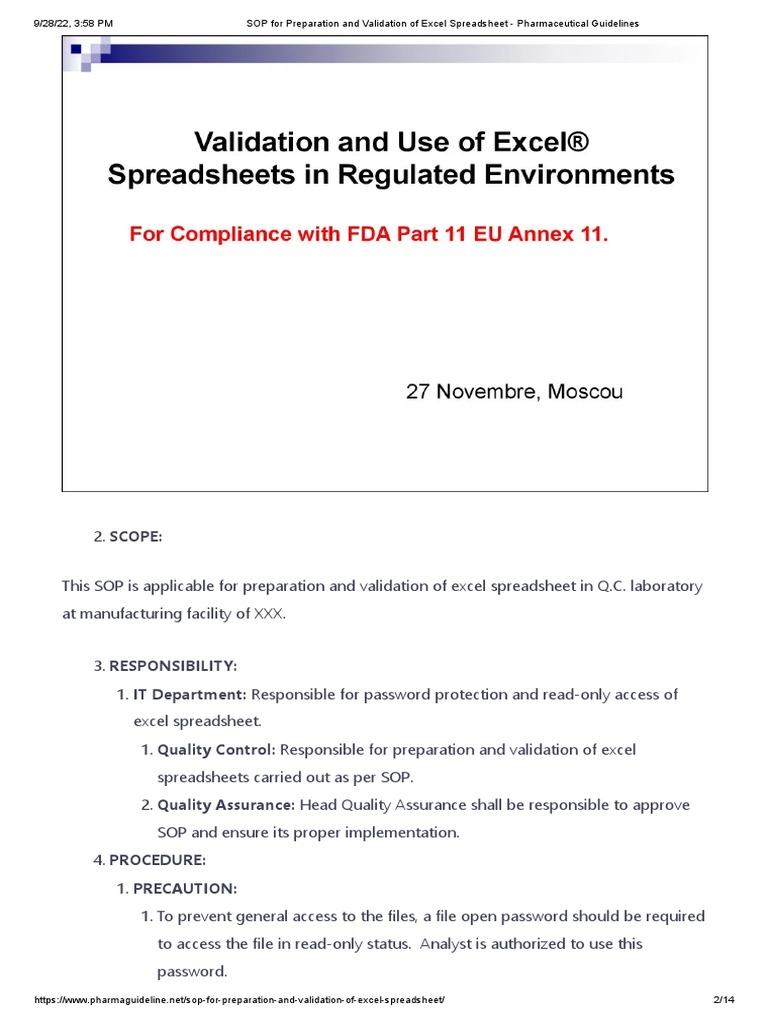SOP For Praperation and Validation of Excel Spreadsheet | PDF | Spreadsheet | Microsoft Excel