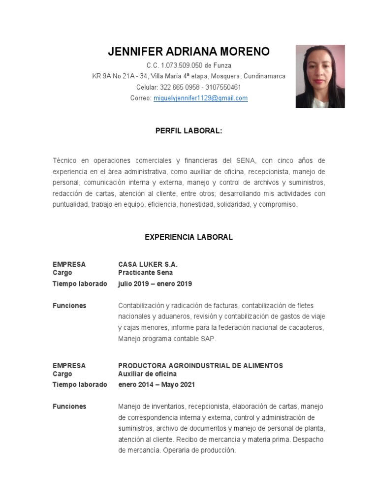 HOJA de VIDA Jennifer Adriana Moreno | PDF | Economias