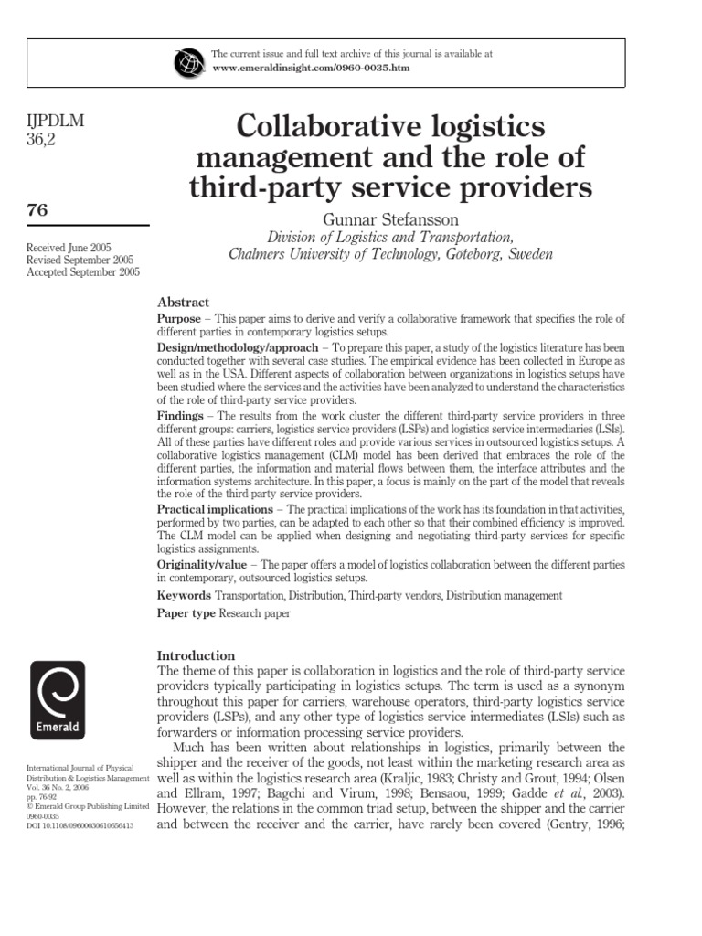 Collaborative Logistics Management and The Role of Third Party Service ...