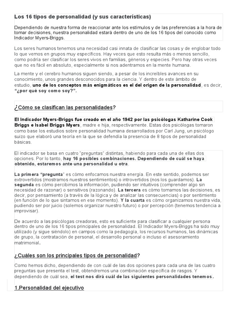 16 Tipos de Personalidad Myers-Briggs | PDF | Pensamiento | Ciencias ...