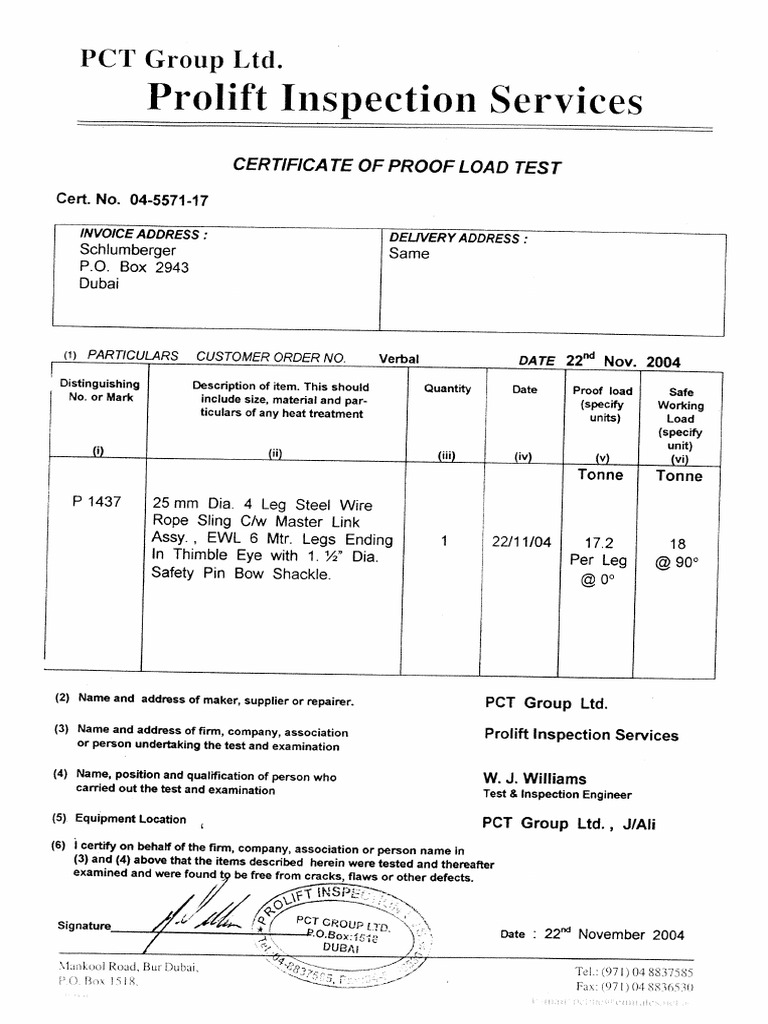 Prolift Slings Cert Sample & Format | PDF