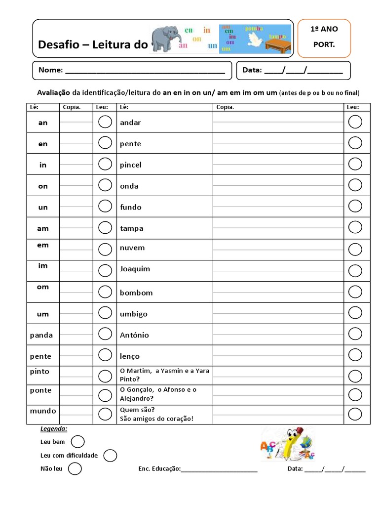 Avaliação Da Leitura Do An en in On Un Am em Im Om Um | PDF
