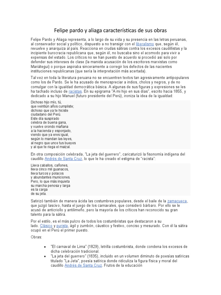 Felipe Pardo y Aliaga Características de Sus Obras | PDF