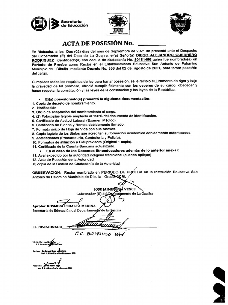 Acta de Posesion - Diego Alejandro Guerrero Rodriguez | PDF