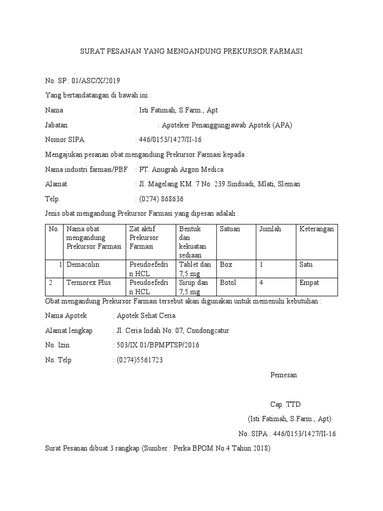 Contoh SURAT PESANAN YANG MENGANDUNG PREKURSOR FARMASI | PDF