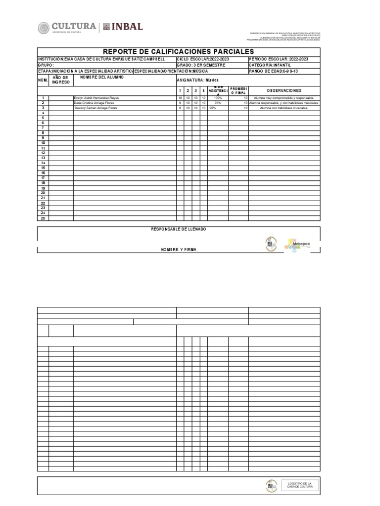 Formato Reporte de Calificaciones INBAL | PDF