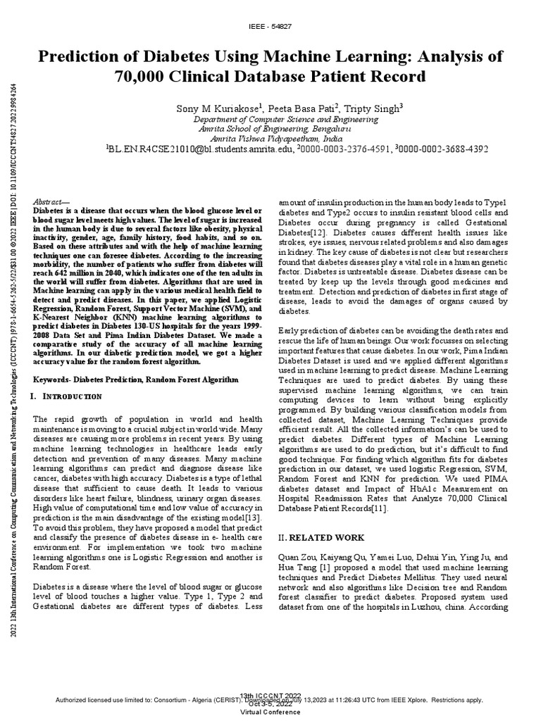 Prediction of Diabetes Using Machine Learning Analysis of 70000 ...