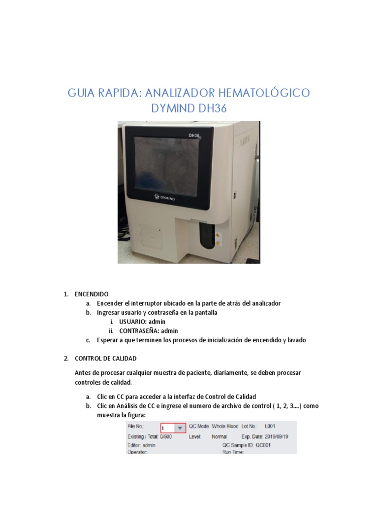Guia Rapida Analizador Hematologico Dymind HC36 | PDF