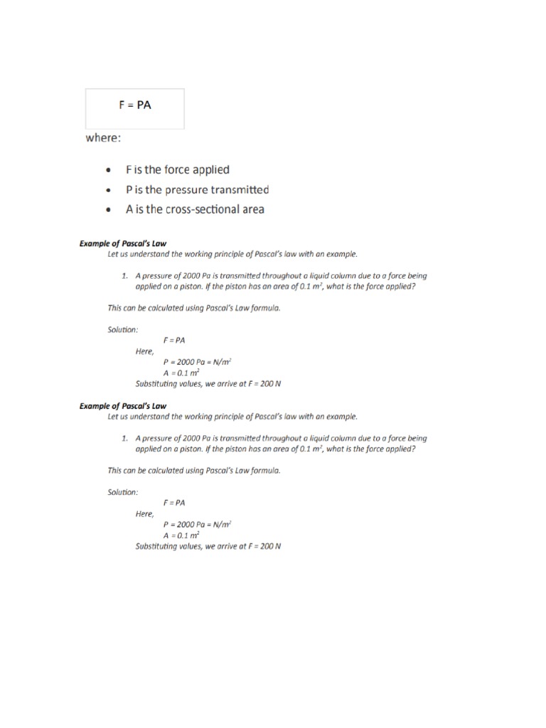 Pascal's Law Formula and Example 1 | PDF