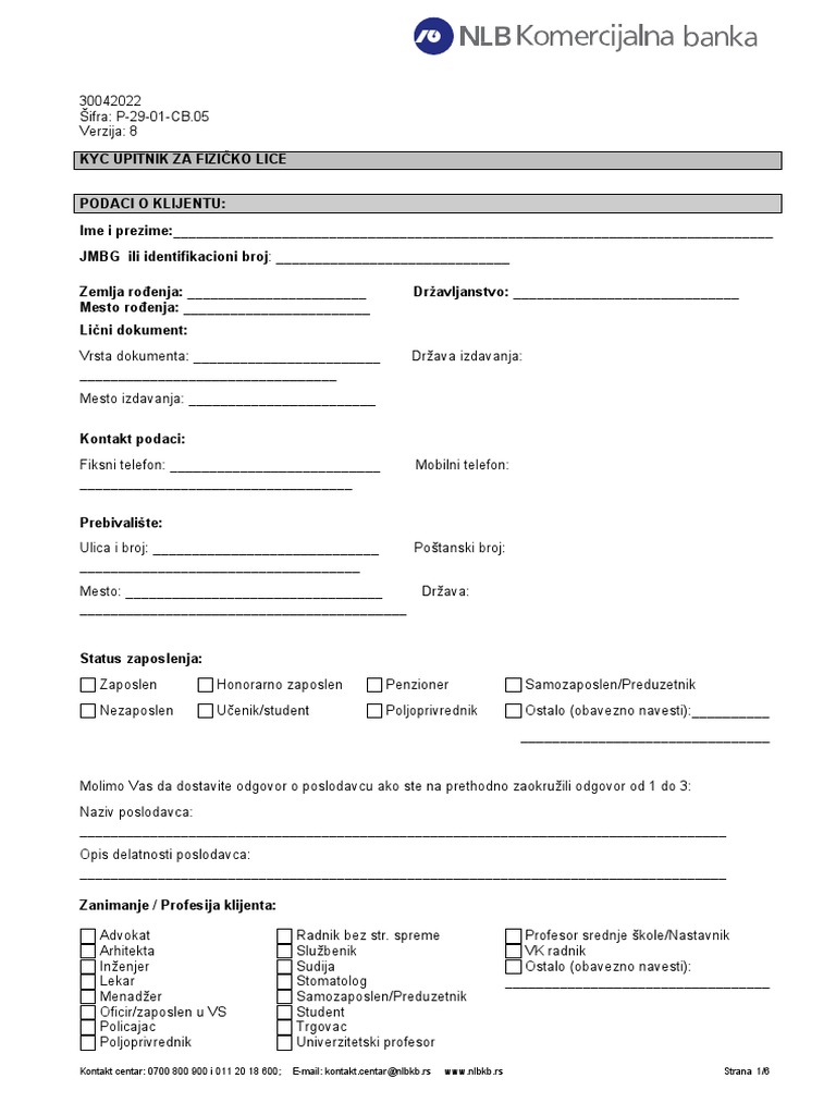 KYC Upitnik Za Fizicko Lice | PDF