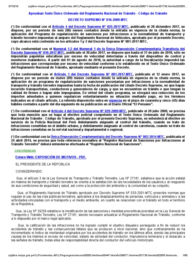 Codigo de Transito DS 019-2009 Actualizado Al 03-07-2019 | PDF | Peatonal | Regulación
