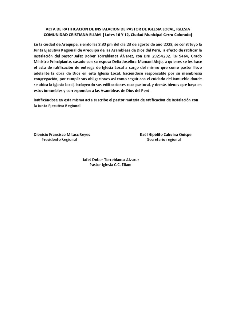 Acta de Ratificacion de Instalacion de Pastor de Iglesia Local | PDF