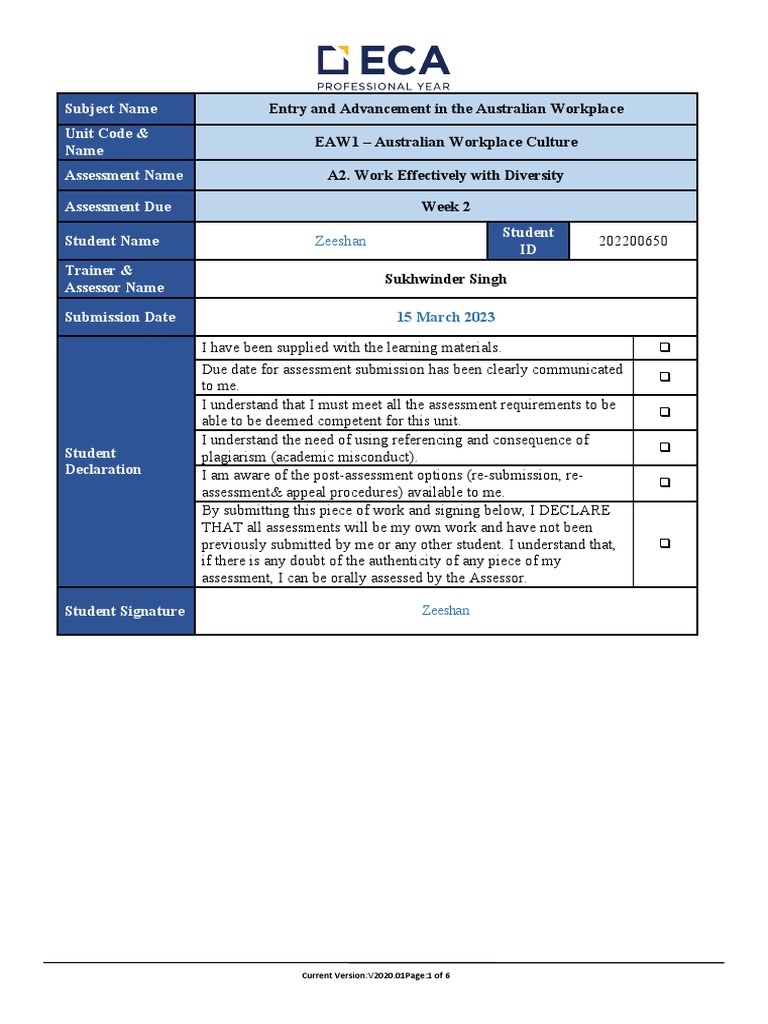 Module 1 - Topic 2 Assessment - Work Effectively With Diversity | PDF | Australia | Leadership