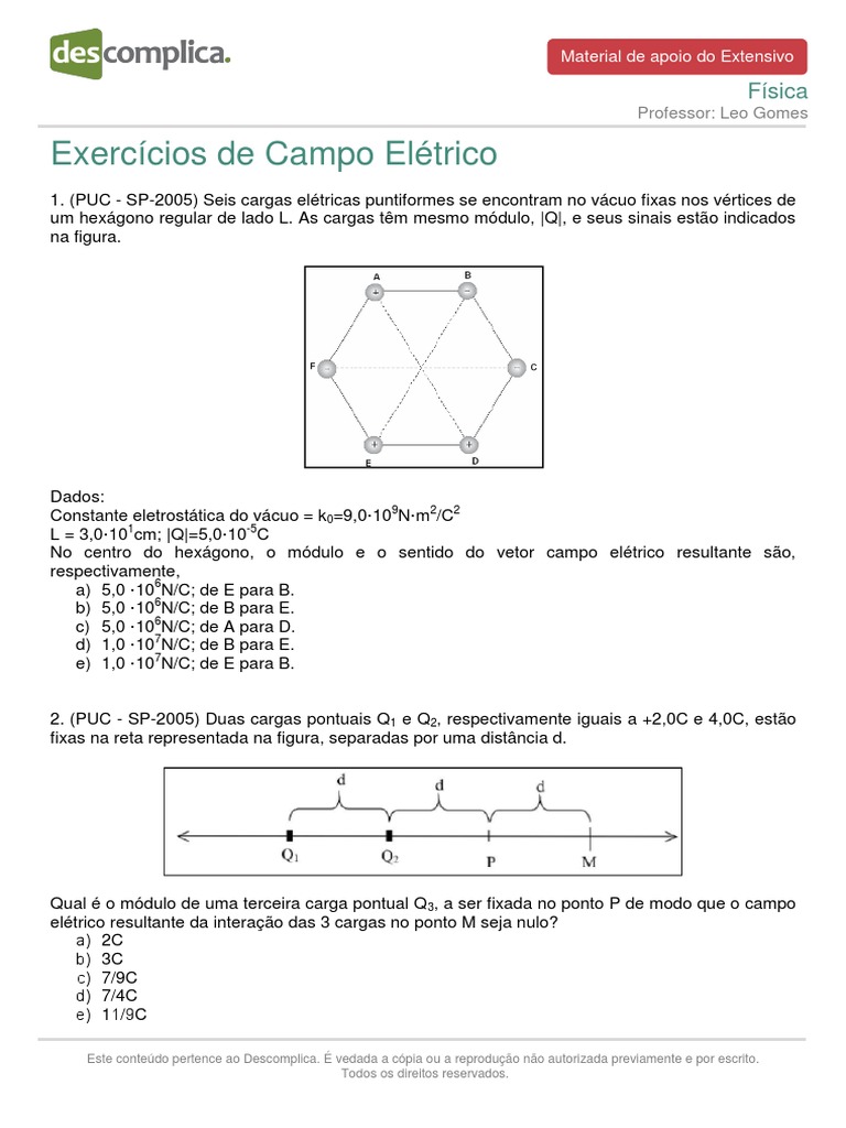 Materialdeapoioextensivo Fisica Exercicios Campo Eletrico | PDF | Carga ...