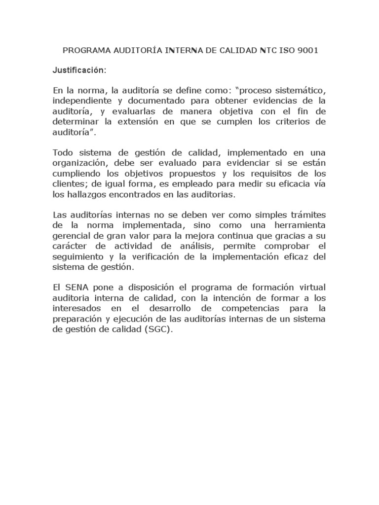 Programa Auditoría Interna de Calidad NTC Iso 9001 | PDF | Auditoría ...