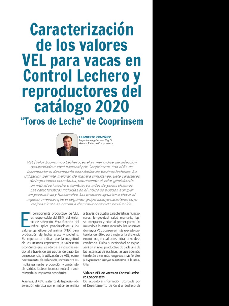 Caracterización de Los Valores VEL para Vacas en Control Lechero y Reproductores Del Catálogo ...