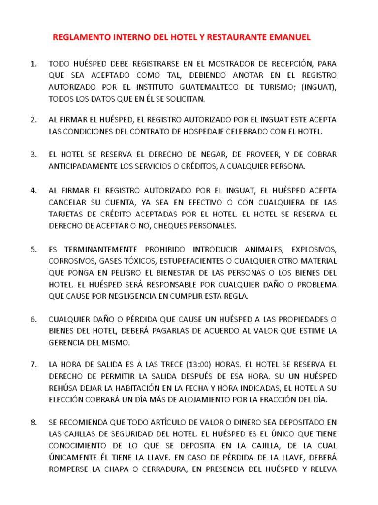 Reglamento Interno de Hoteles | Descargar gratis PDF | Hotel