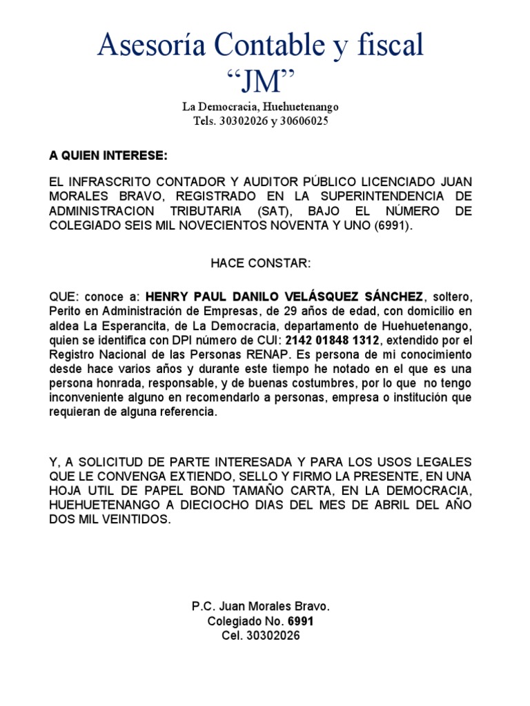 Henry Danilo Velasquez Carta de Recomendación | PDF