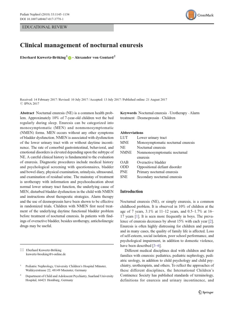 Clinical Management Of Nocturnal Enuresis Pdf Urinary Incontinence Nocturnal Enuresis