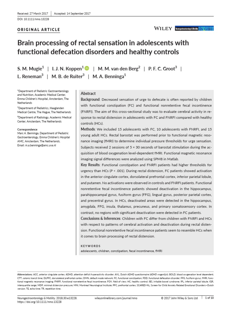 Brain Processing Of Rectal Sensation In Adolescents With Functional Defecation Disorders And