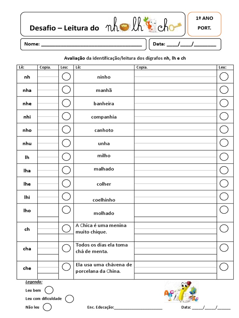 Avaliação de Dígrafos: nh, lh e ch | PDF