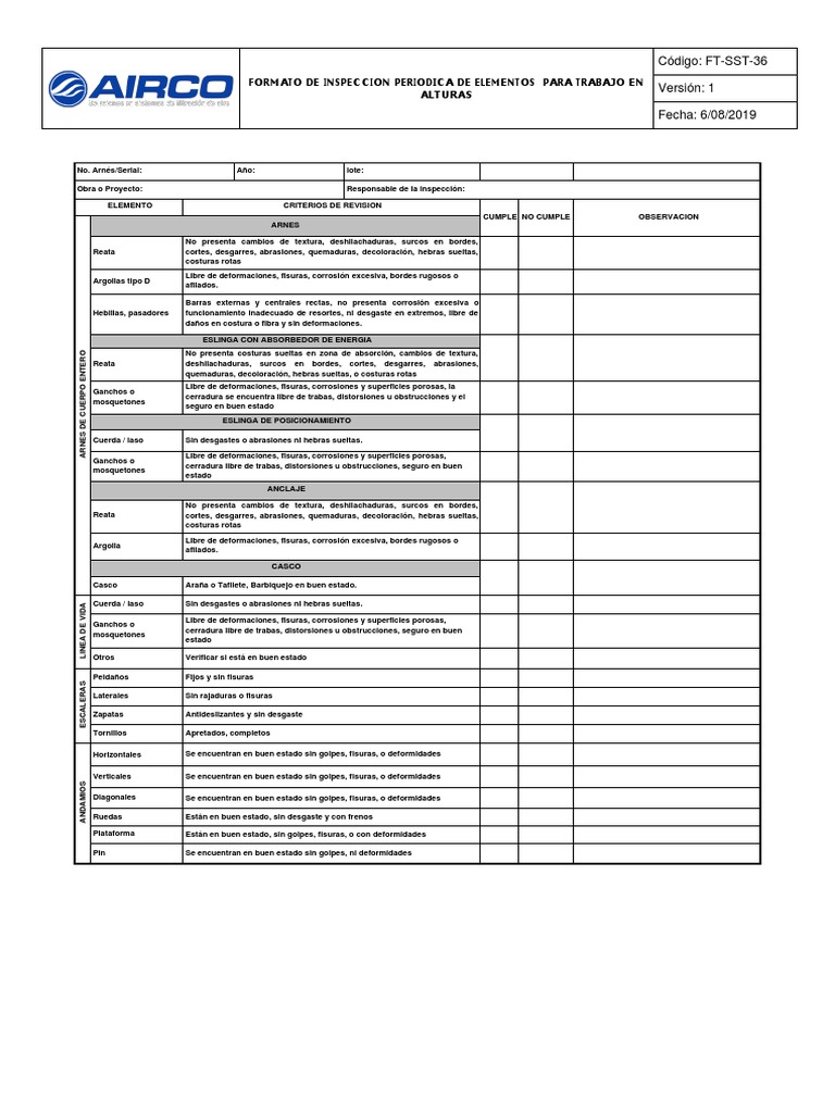 Formato de Inspeccion de Elementos para Altura | PDF | Bienes manufacturados | Equipo
