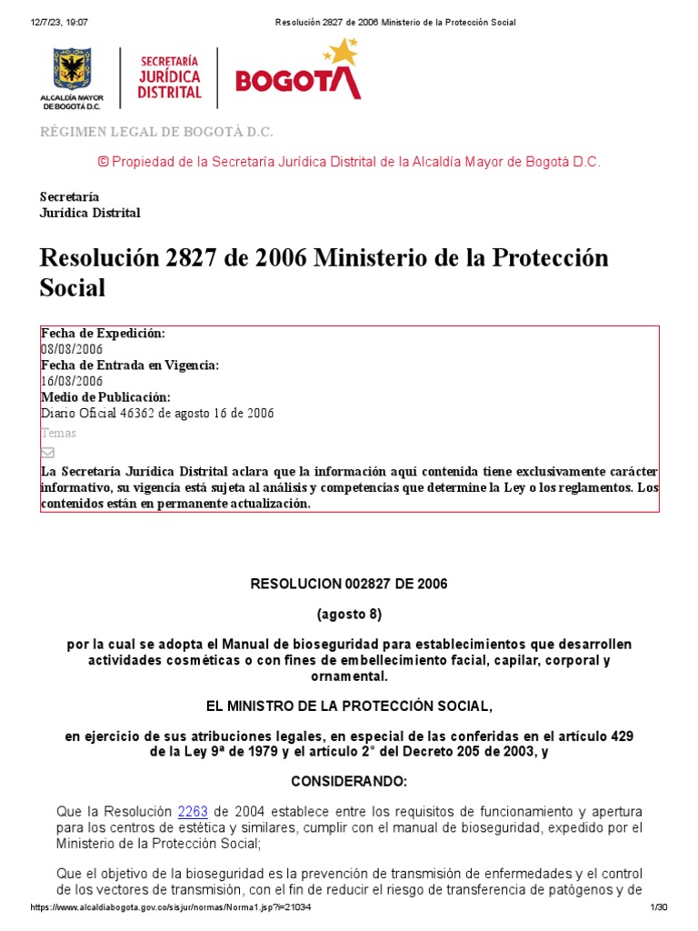 Resolución 2827 de 2006 Ministerio de La Protección Social | PDF ...