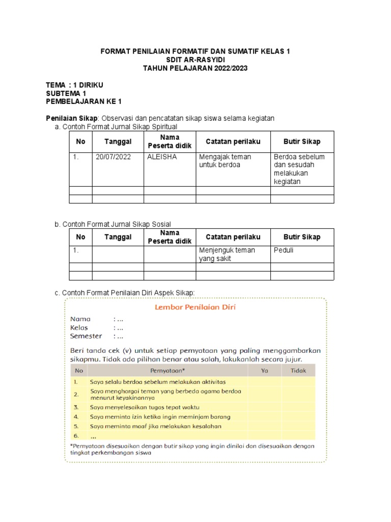 Poin 13 Format Penilaian Formatif Dan Sumatif Kelas 1 | PDF