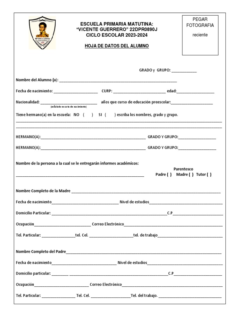 HOJA DE DATOS DE ALUMNOS 23-24 de Segundo A Sexto | PDF