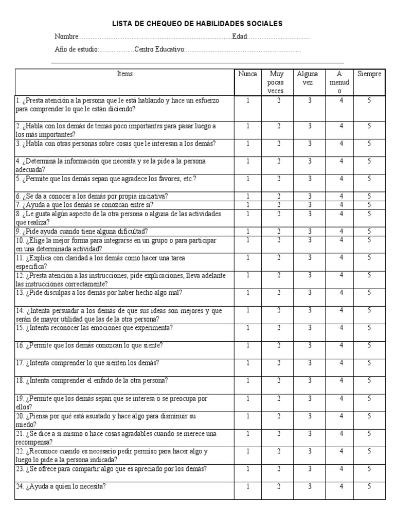 Test Lista de Chequeo de Habilidades Sociales | PDF